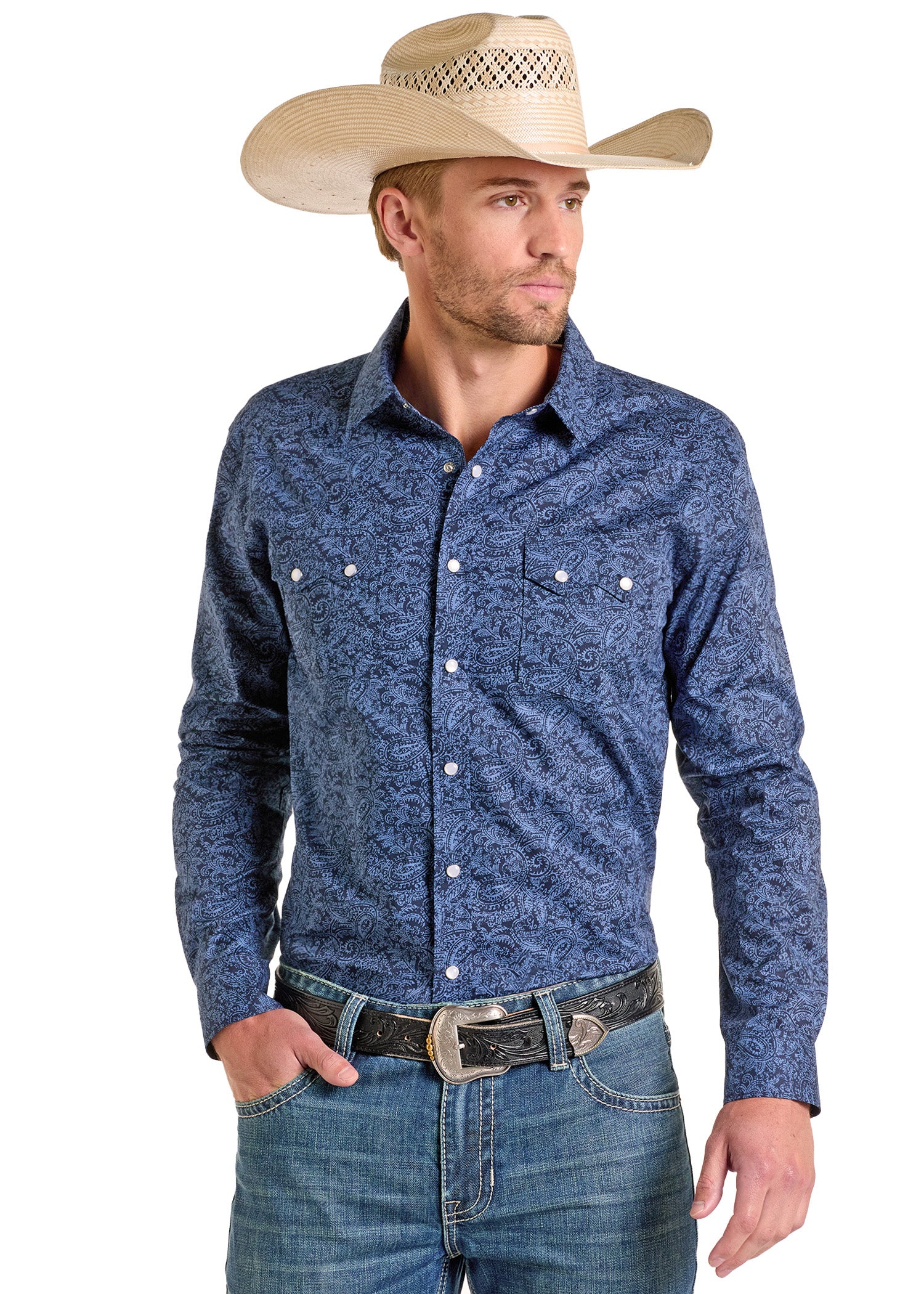 Men's Modern Vintage Dark Navy Long Sleeve Snap Shirt | Panhandle Slim