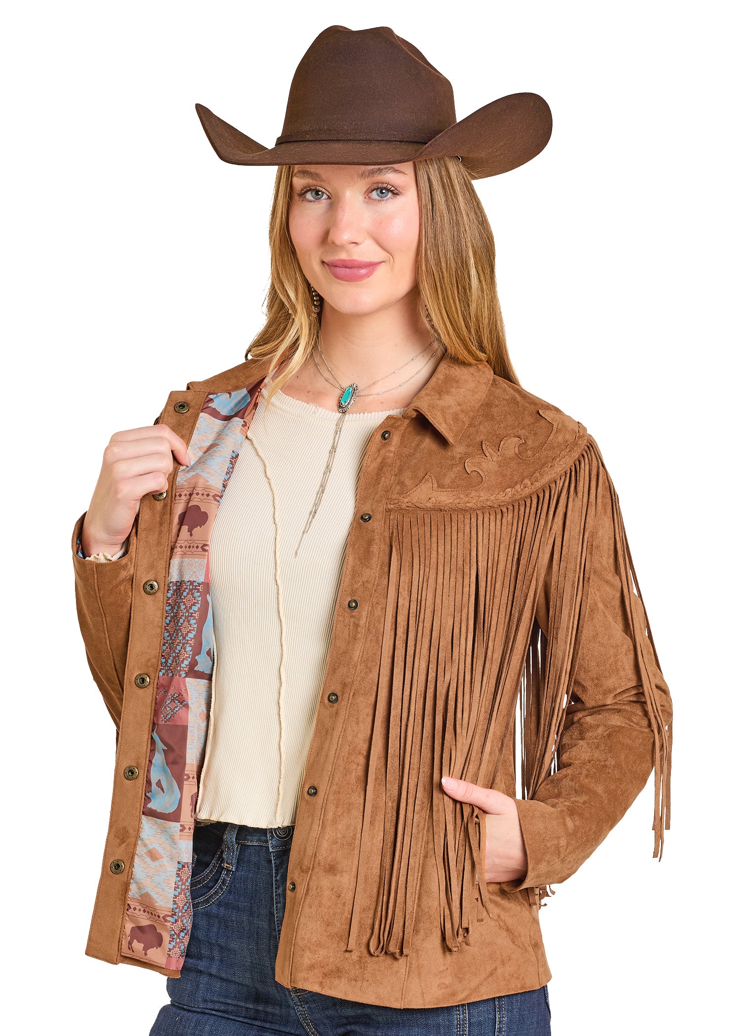 Women's Camel Micro Suede Fringe Jacket With Boot Stitch Embroidery ...