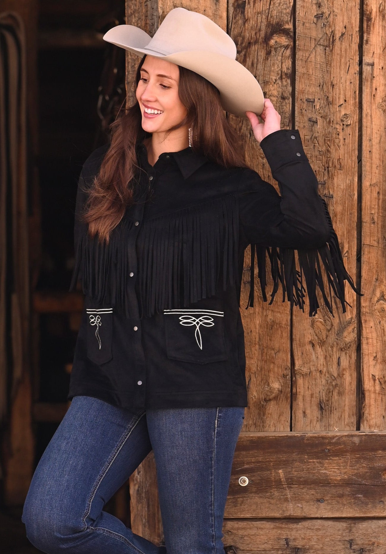 Women's Micro Suede Fringe Jacket With Boot Stitch Embroidery | Panhandle Slim