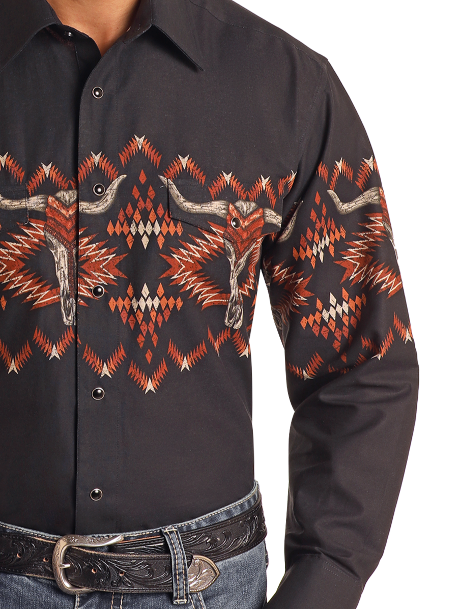Men's Longhorn Aztec Print Border Shirt | Panhandle Slim