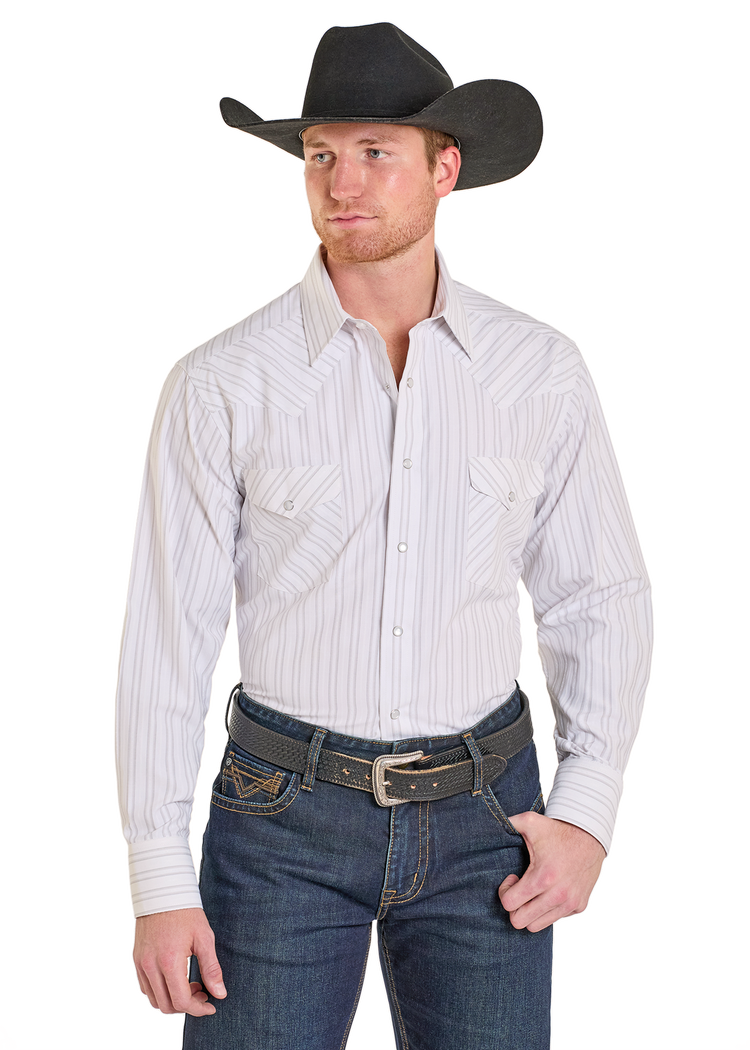 Men's White Stripe Long Sleeve Snap Shirt | Panhandle Slim