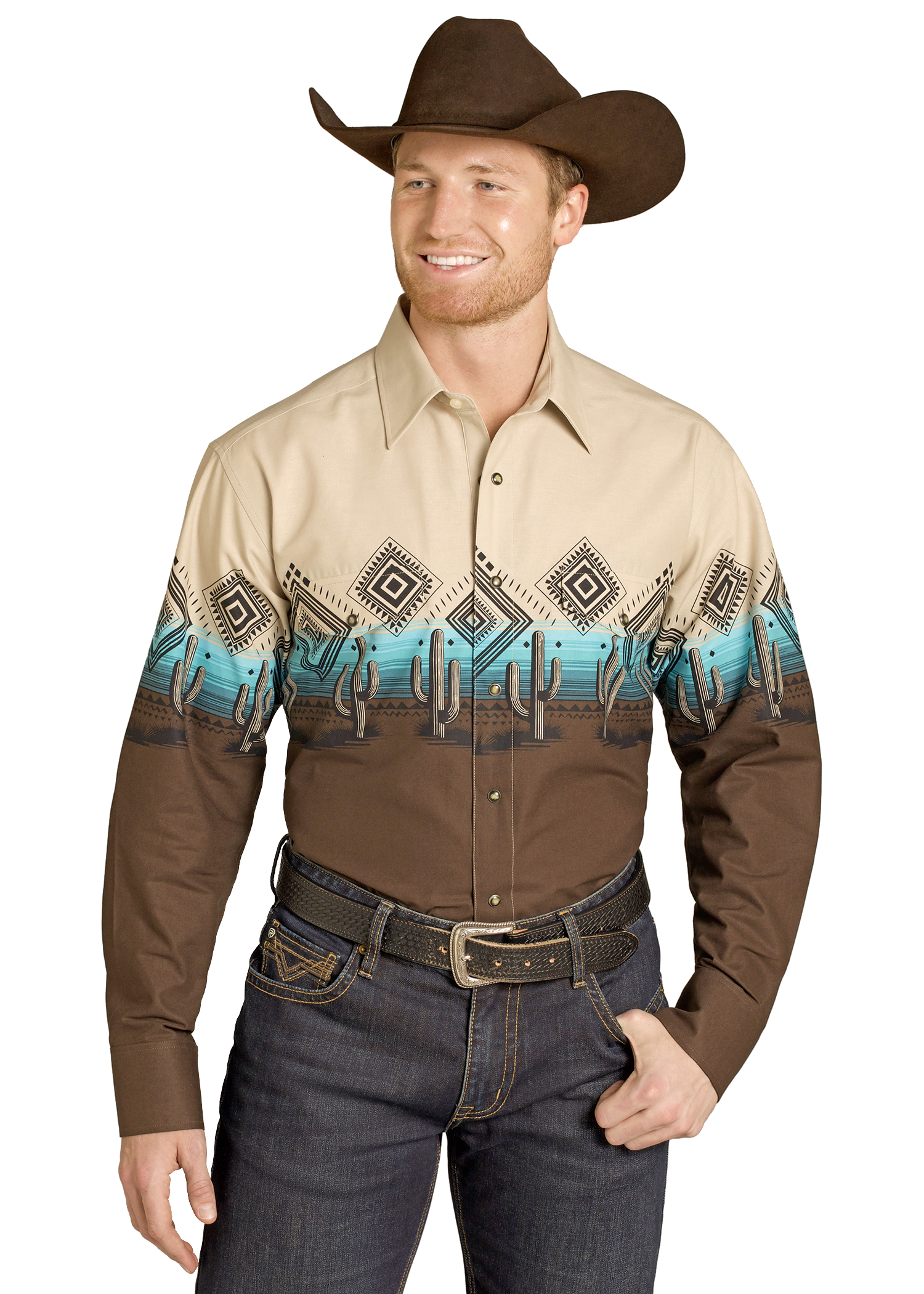 Men's Aztec Cactus Print Border Shirt | Panhandle Slim